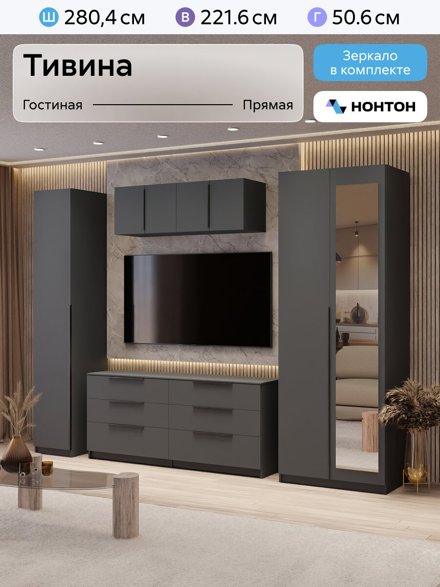 Стенка для гостиной Нонтон Тивина, 280x50x221 см, 4 модуля, Графит серый