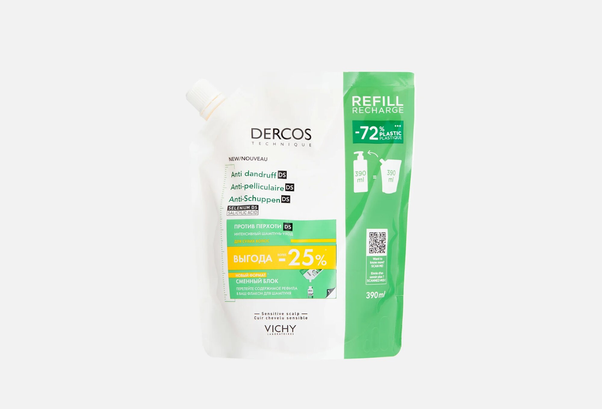VICHY dercos Рефил Шампуня против перхоти для сухих волос 390мл