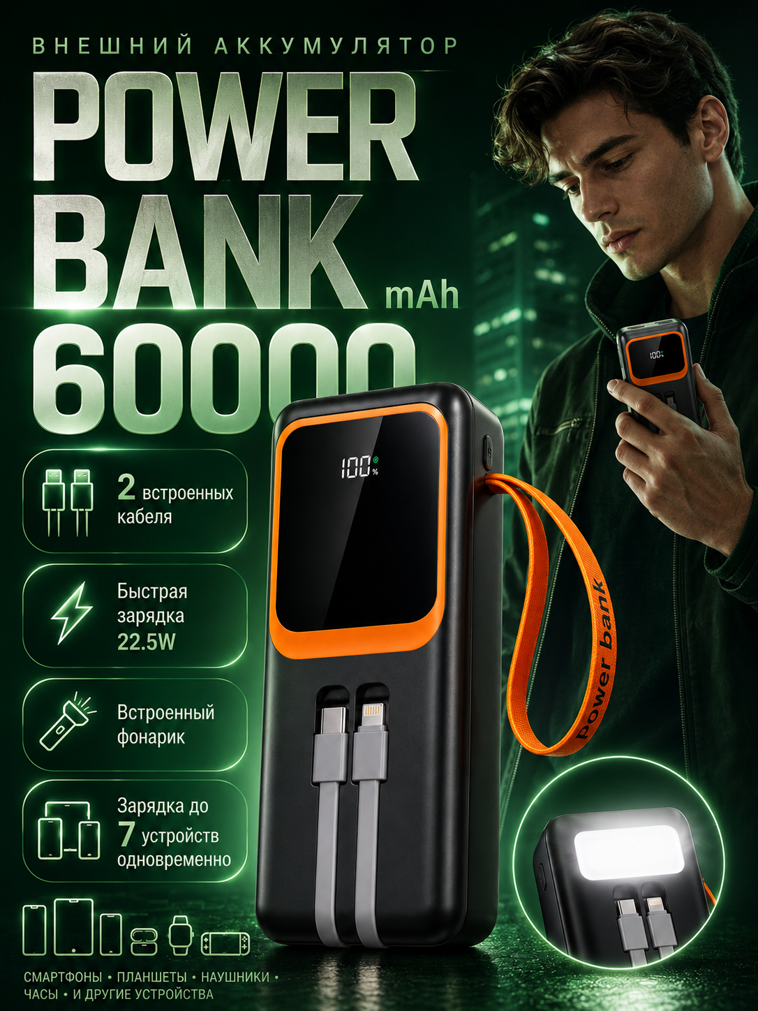Портативный внешний аккумулятор POWER BANK J220 60000 mAh, 2 Встроенных зарядных кабеля, Индикатор зарядки, Черный