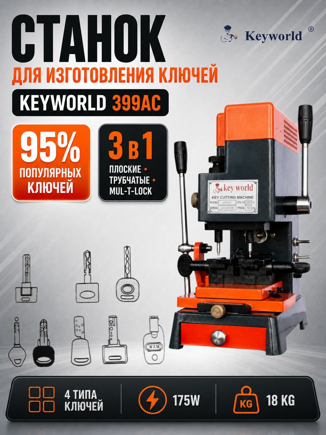 Станок для изготовления ключей KEYWORLD 399AC для автоключей и MUL-T-LOCK
