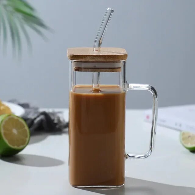 Стеклянная кружка с бамбуковой крышкой, 400 мл, Transparent Handle