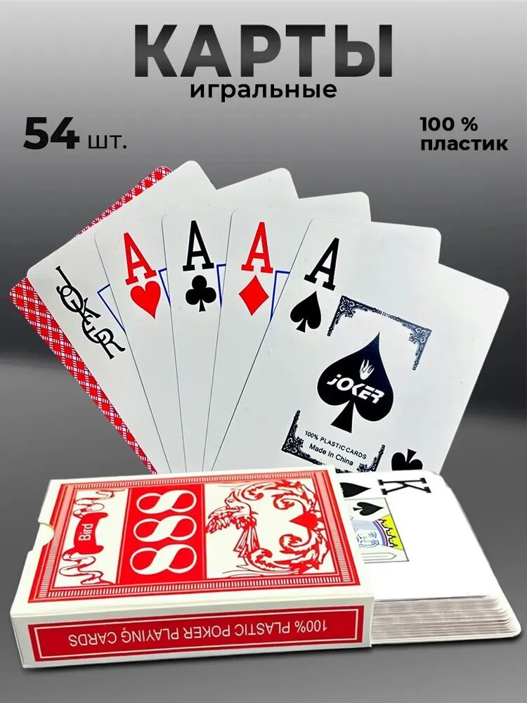 Игральные карты для покера пластиковые 54 шт неоновые синий