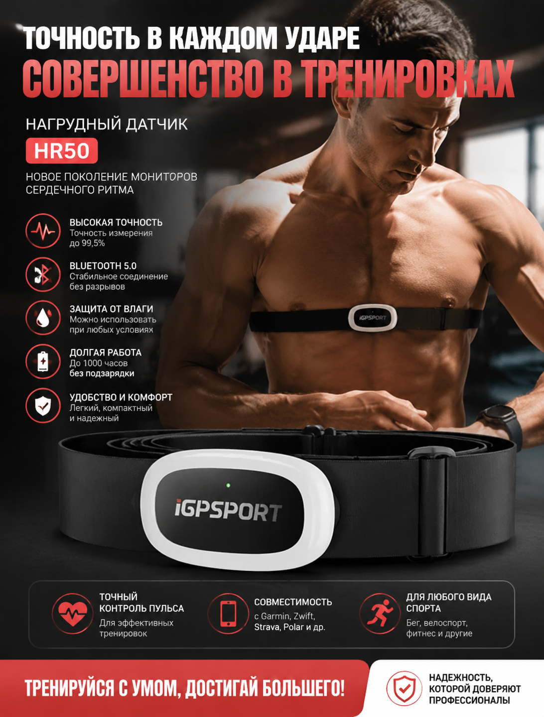 IGPSPORT HR50 Монитор сердечного ритма Велосипедный грудный ремень ANT + Bluetooth IPX7 Водонепроницаемый датчик сердечного ритма