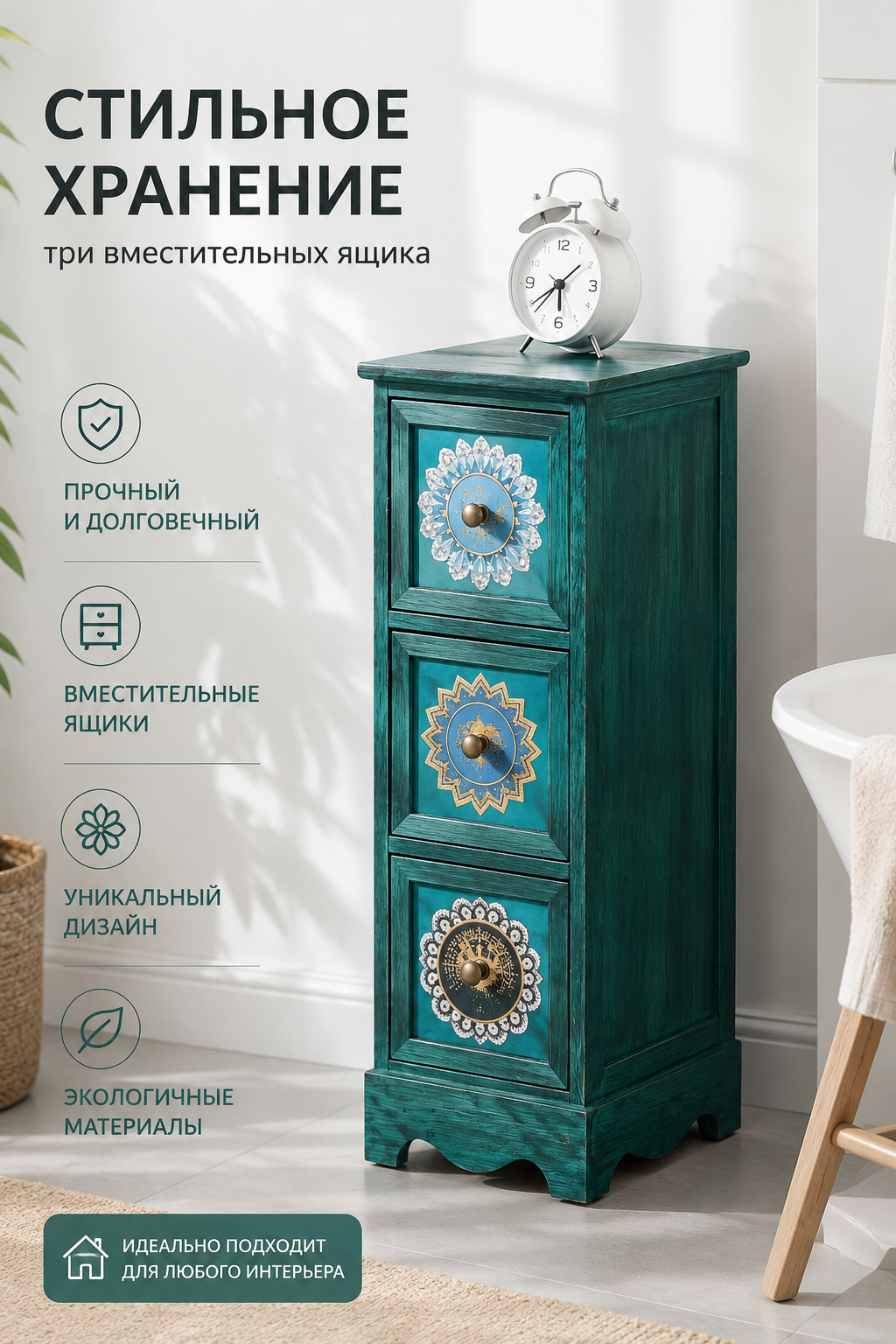 Комод, дерево, цвет светло-зелёный, с ящиками, влагостойкое покрытие, 25х30х75см