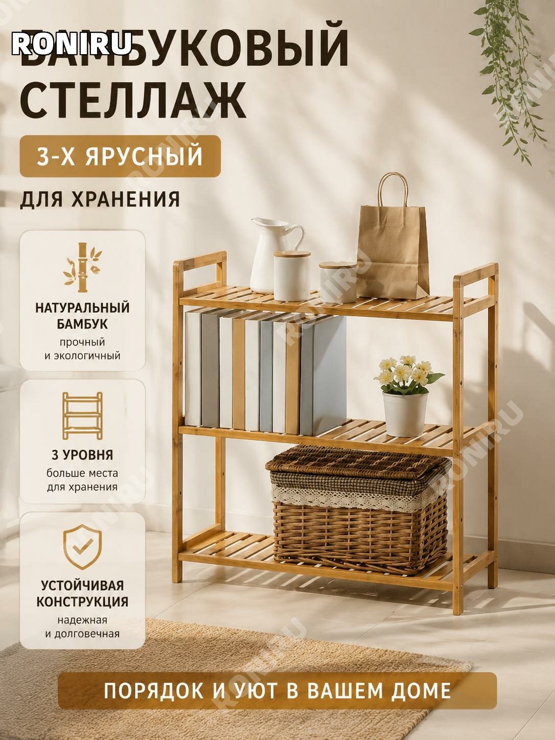 Напольная полка для ванной,3 яруса с корзинами для хранения и белья, многофункциональный стеллаж в дом, бамбуковый минималистичный дизайн68 см