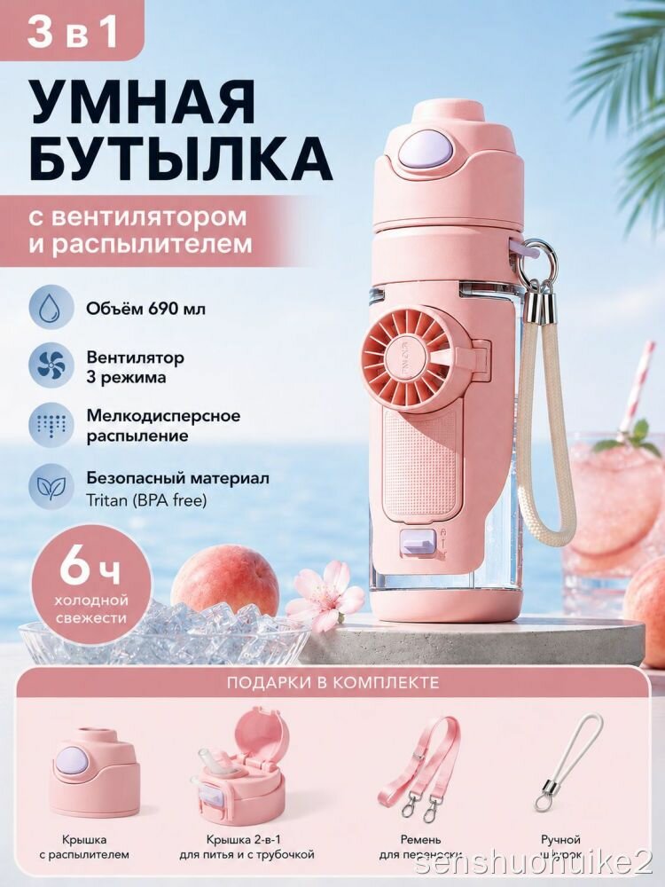 Умная бутылка粉色 3 в 1 с вентилятором и распылителем 690 мл для активного образа