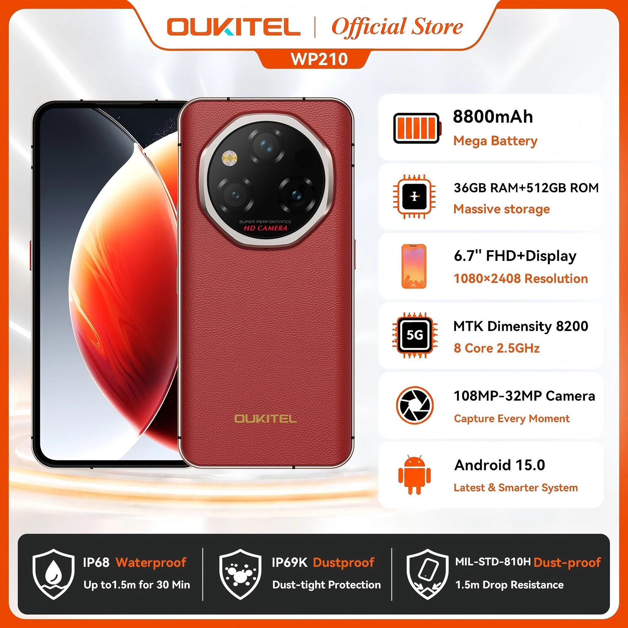 Прочный смартфон OUKITEL WP210 с аккумулятором 8800 мАч, быстрой зарядкой 45 Вт, Красный, WP210 Red