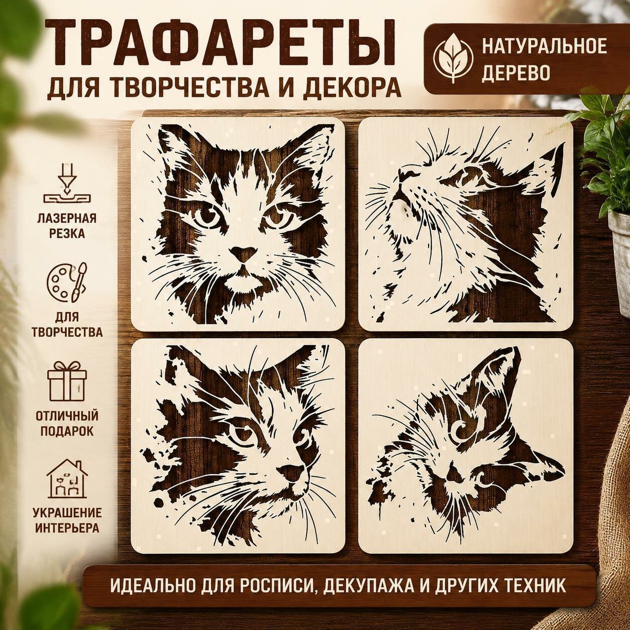 Набор из 4 шт деревянных лазерных трафаретов с изображением кошек, настенный декор, шаблоны для DIY творчества и украшения интерьера