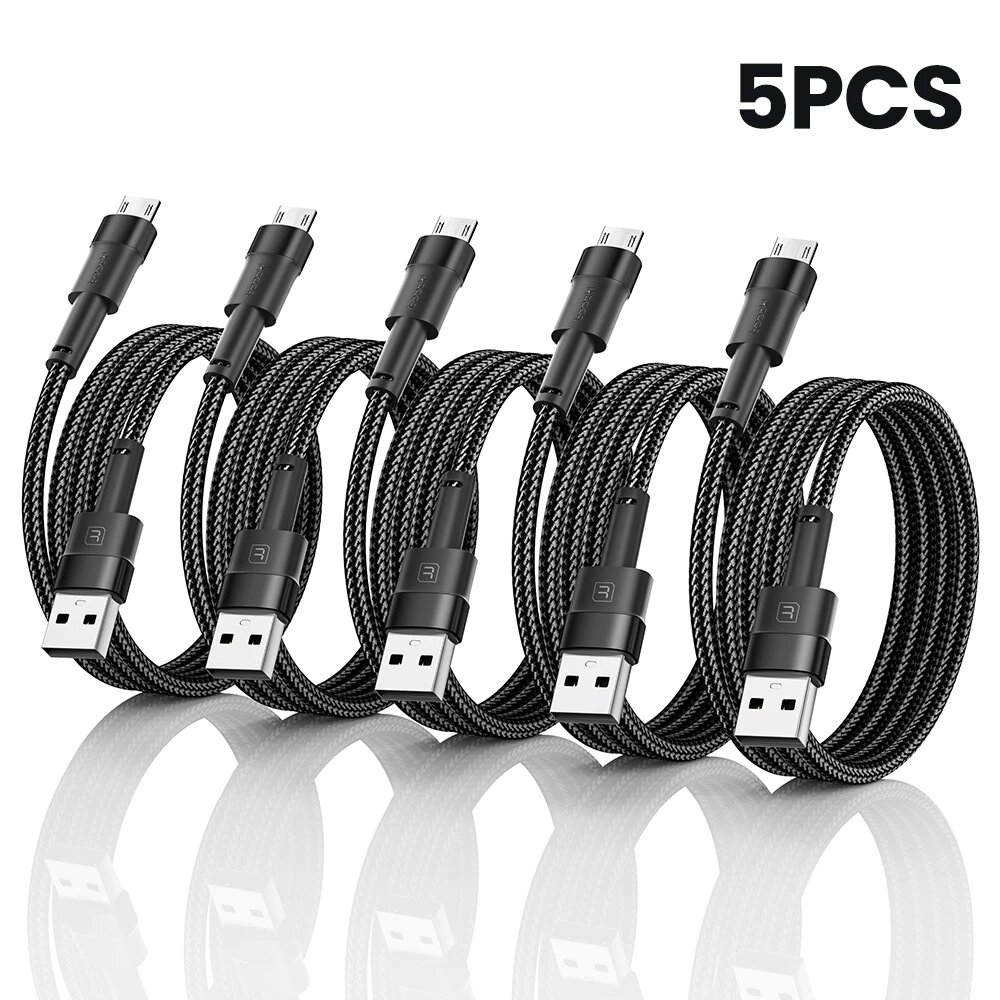 Кабель Для Быстрой Зарядки Toocki 5-Pack 2.4A Micro USB Для Устройств Huawei, Xiaomi, 5PCS 1M Black
