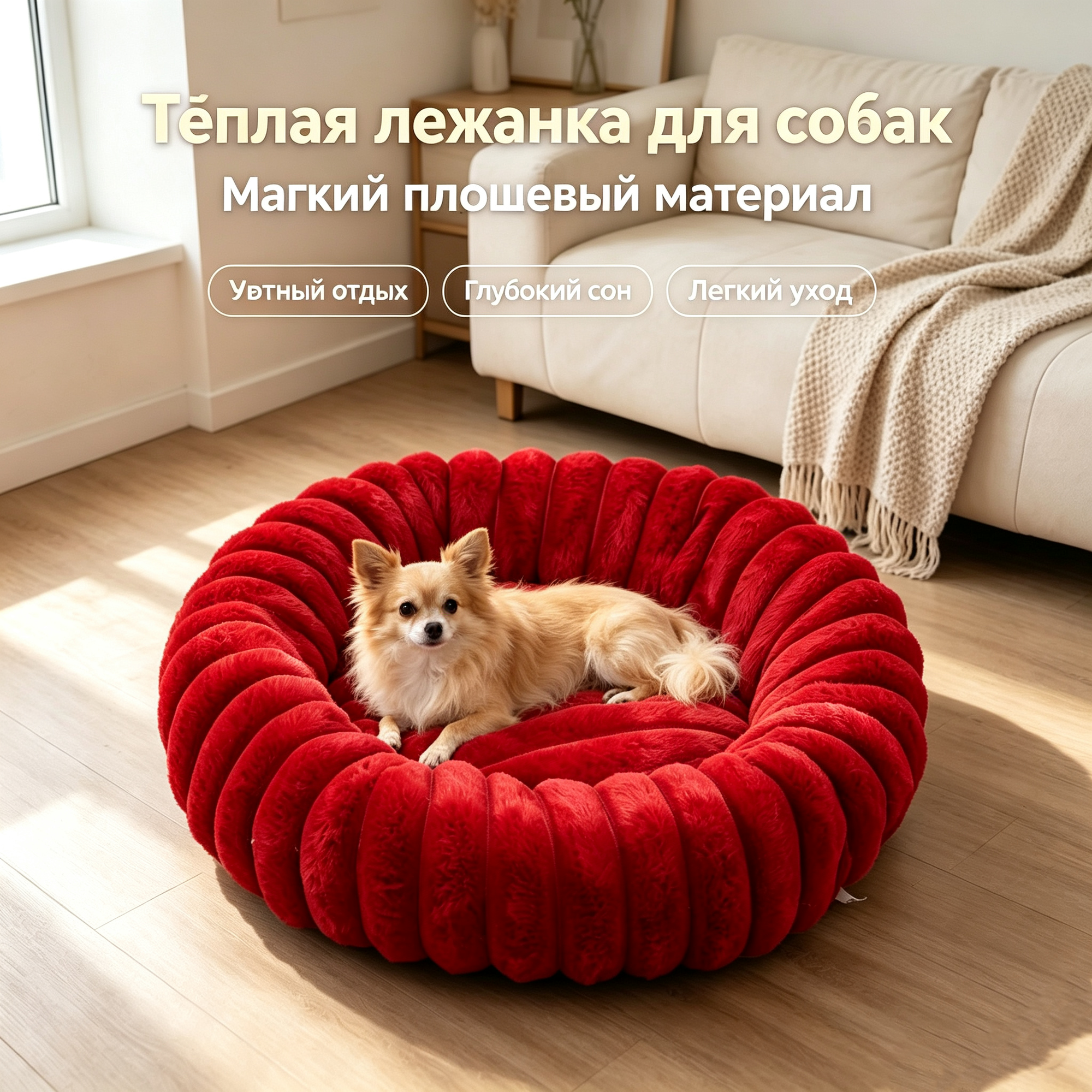 Бордовая лежанка для собак и кошек из искусственного кроличьего меха, размер 70 см, тёплая круглая цельная конструкция