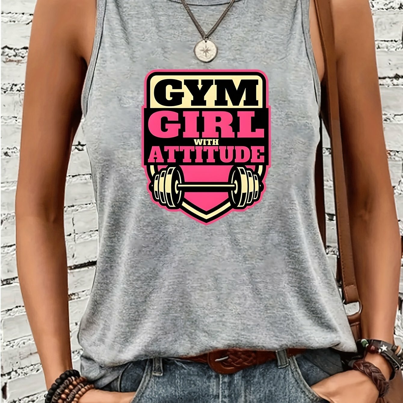 Женская майка с круглым вырезом, принт "GYM with ATTITUDE", серая, размер S