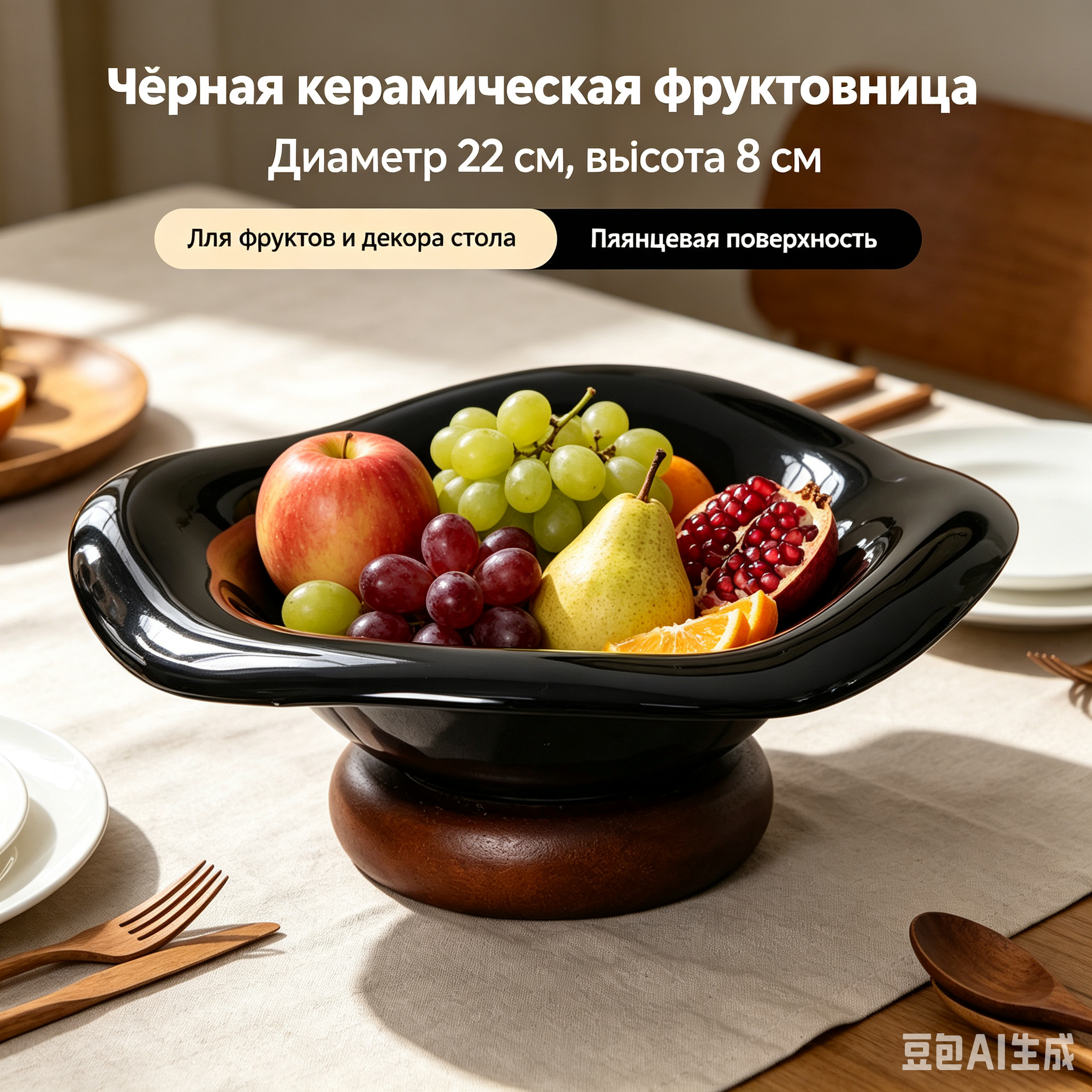 Изысканная керамическая "ваза для фруктов", кухня-гостиная, 22 см в диаметре и 8 см в высоту, черного цвета