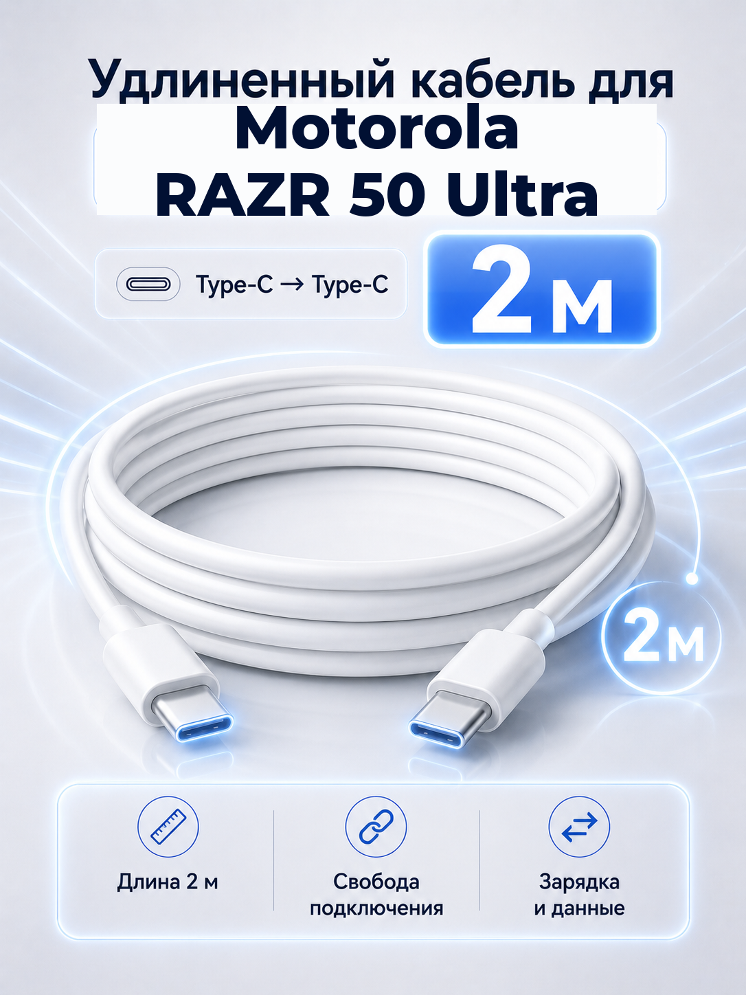 Удлиненный кабель для Motorola RAZR 50 Ultra Type-C на Type-C, 2 м