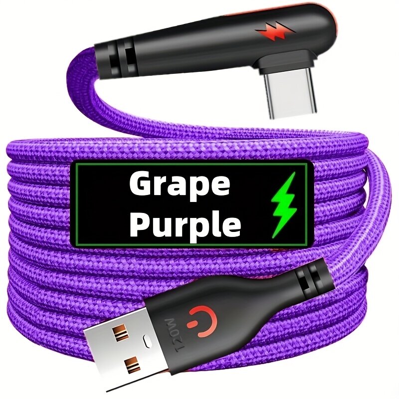 Зарядный кабель Type-C быстрая зарядка, угловой USB-A - USB-C, оплетка, 1 м, фиолетовый