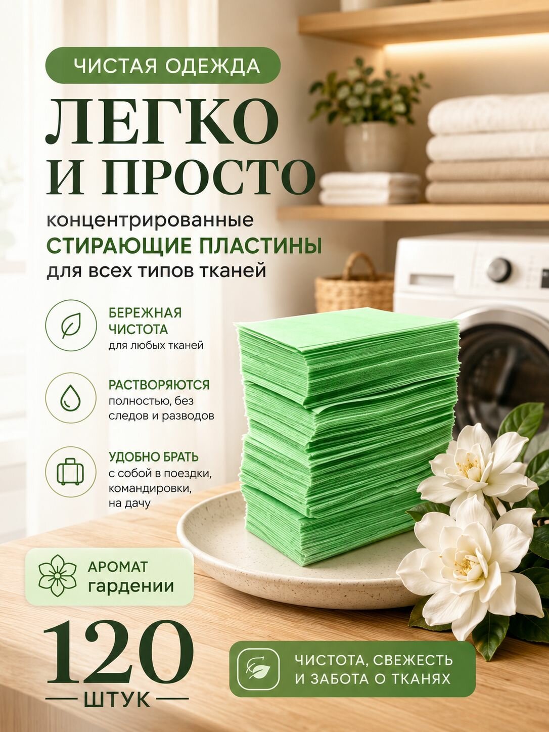 Стиральные пластины для стирки, 120 шт, Аромат гардении, концентрированные, для всех типов тканей, пятновыводитель для стиральной машины удаление загрязнений