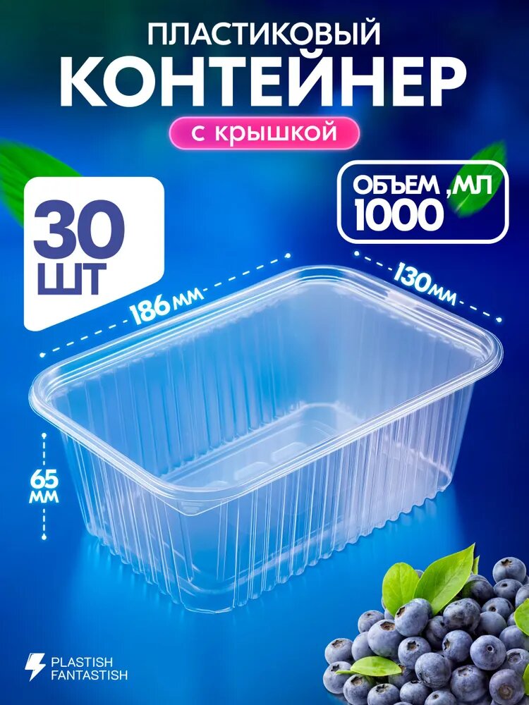 Контейнеры одноразовые с крышкой 1000 мл 30 шт для еды и заморозки ягод, пластиковые