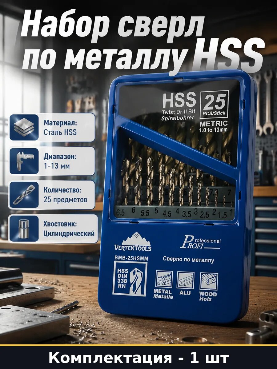 Набор спиральных сверл по металлу 25 предметов в кейсе