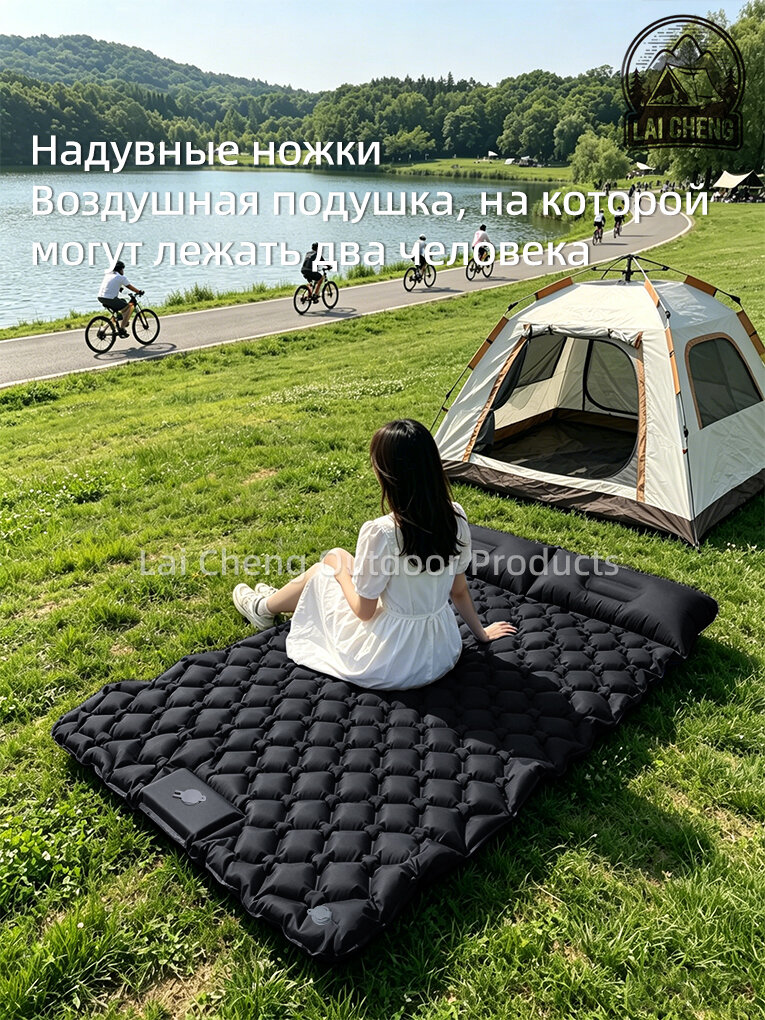 Надувной матрас туристический 190х120 см черный с встроенными подушками и подголовником для кемпинга