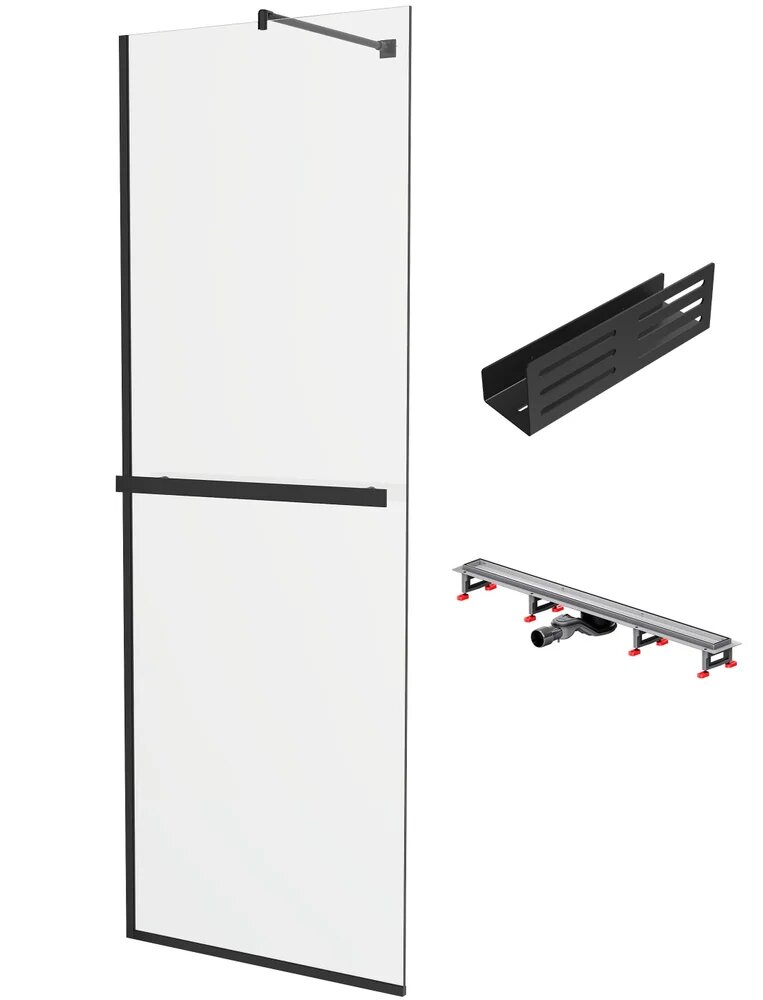Душевая перегородка DIWO Элиста 70 см / Душевой трап (лоток) AM.PM MasterFlow Tile 90 см / Полка для душа STWORKI Стокгольм S36376BK