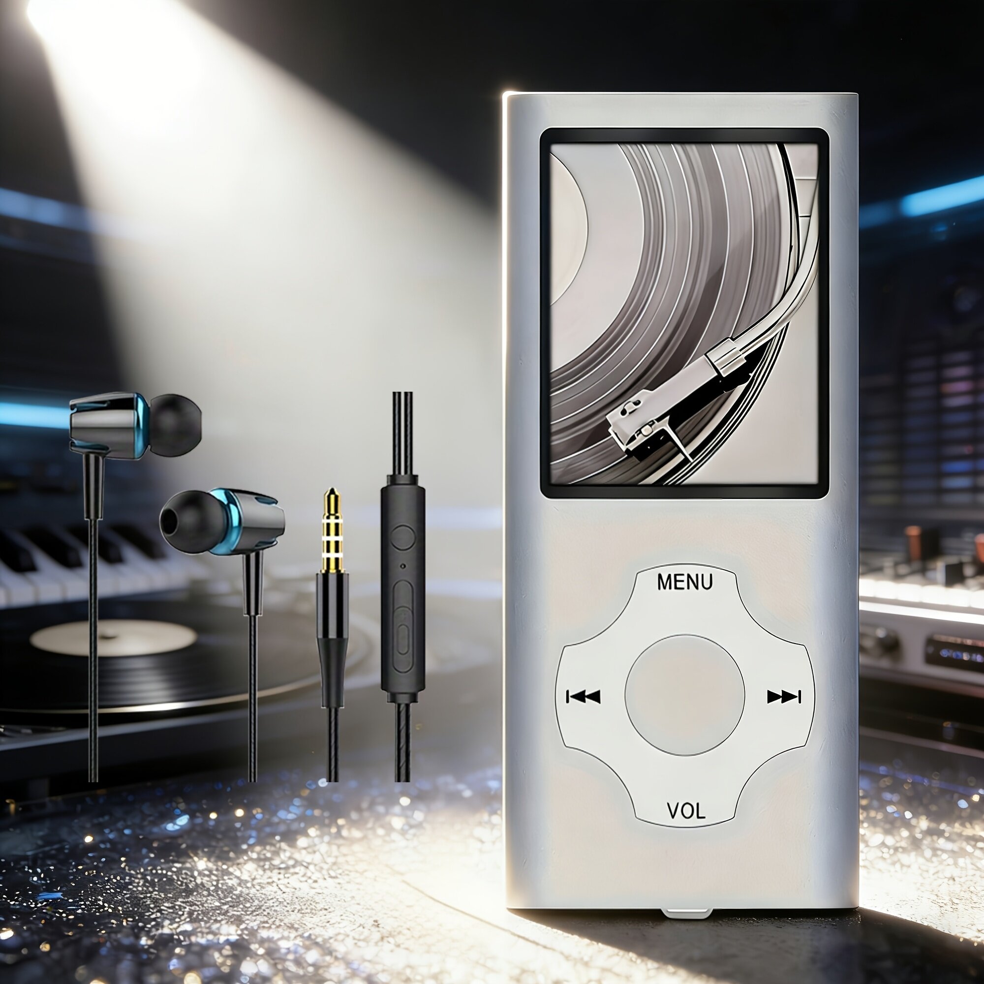 MP3/MP4 плеер с проводными наушниками, 1.8-дюймовый LED-экран, поддержка видео, записи и электронных книг, серебристый цвет