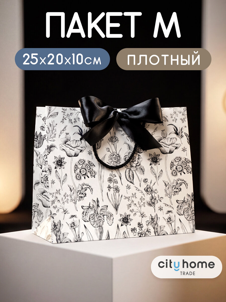 Подарочный пакет горизонтальный женский с бантом, 25x20x10 см, 1шт.