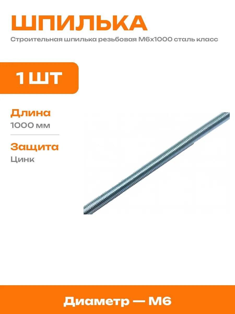 Шпилька резьбовая DIN 975 М6х1000 оцинкованная для крепления