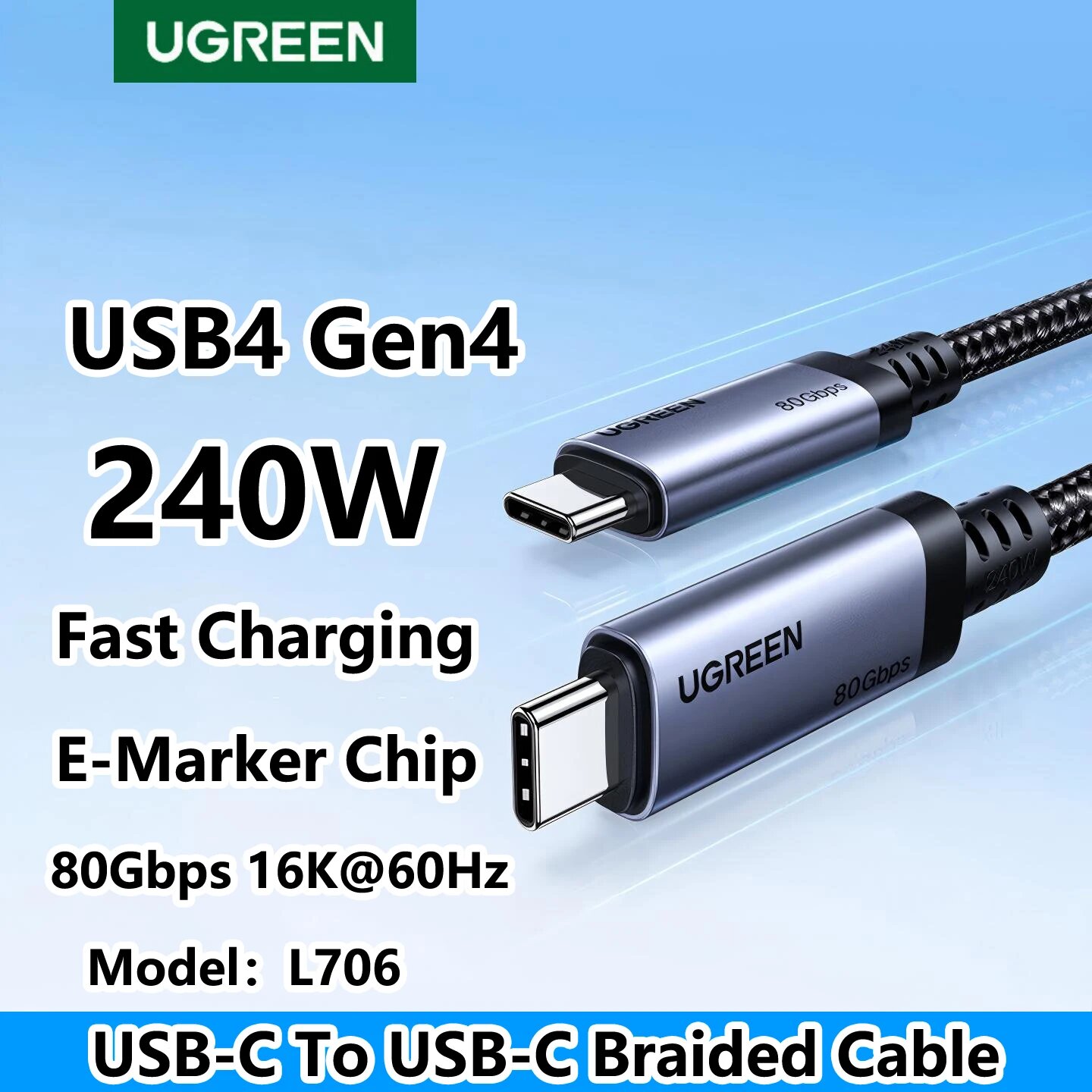 Кабель UGREEN 240W Type C - Type C, быстрая зарядка PD100W, USB3.2, передача данных 10Gbps, для Apple iPad, ноутбуков, зарядных устройств Android, плетеная оплетка, 1м, 2м
