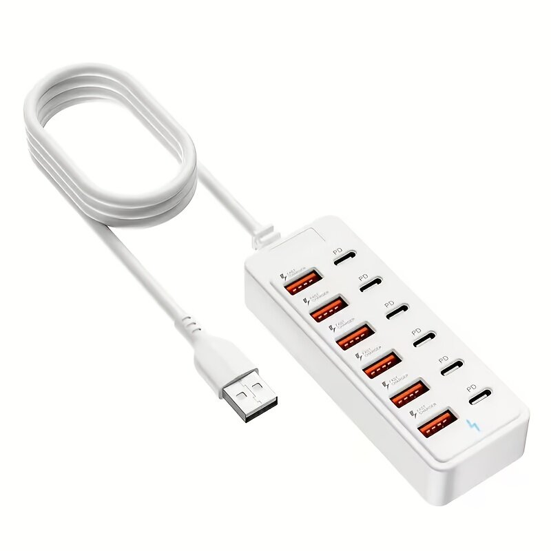 12-портовое зарядное устройство быстрой зарядки, 6 USB-A + 6 PD портов, 66 Вт на порт, компактный адаптер, белый