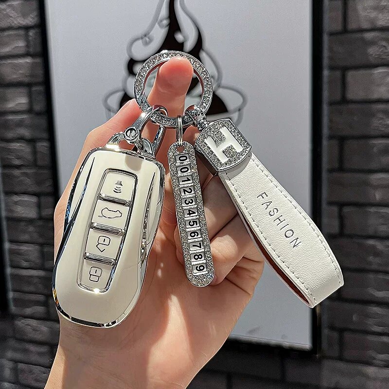 Белый чехол для ключей Ford Lingrui для женщин с белым кожаным ремешком H, диамантовым замком и серебряной биркой
