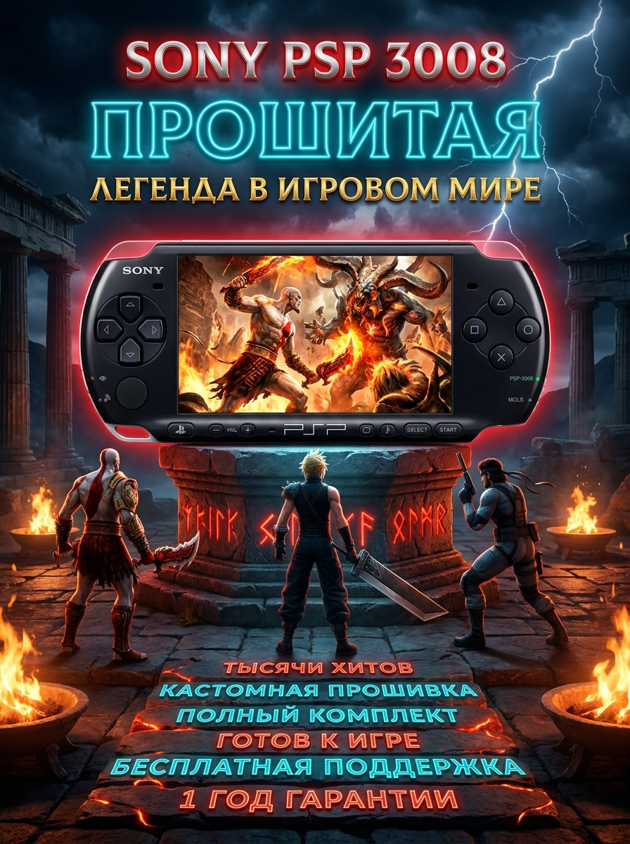 Новая игровая приставка Sony PSP 3008 Slim Черный 64Gb 3000+ ИГР