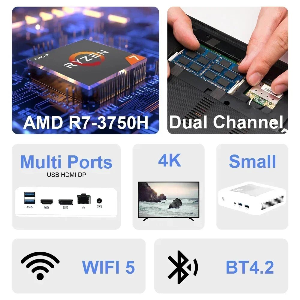 Мини-ПК SZBOX AMD Ryzen 7 3750H Windows 11 AMD Ryzen 7 3750H, NO RAM NO ROM NO OS, EU