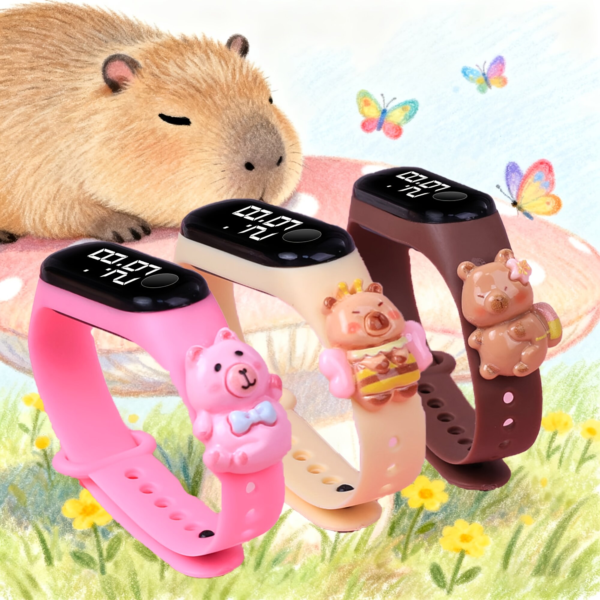 3 штуки милых электронных часов Capybara для мальчиков и девочек, удобные в носке, отличный маленький подарок
