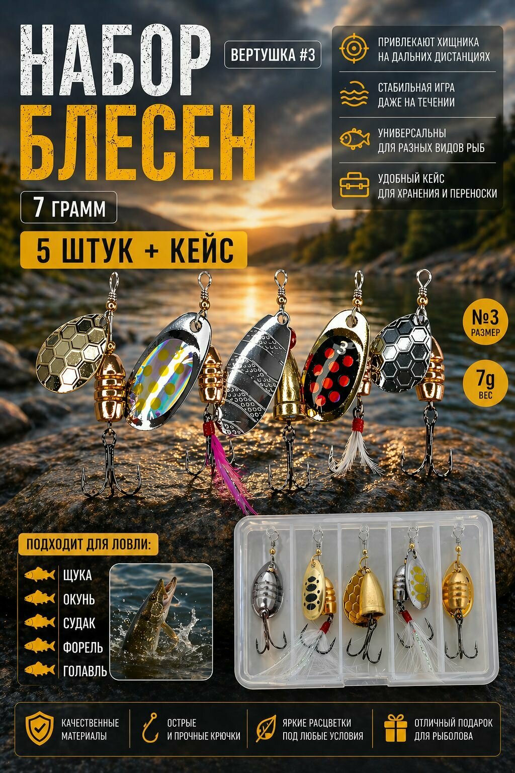 Набор блесна вертушка #3 , 7 грамм 5 штук + кейс для рыбалки, на щуку , окуня, судака , форель , голавля