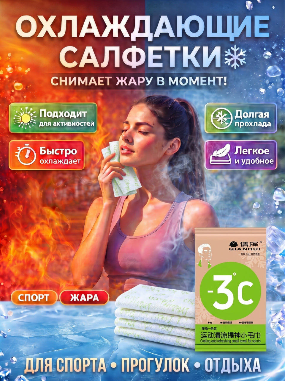 Влажные мини полотенца с эффектом холода от жары