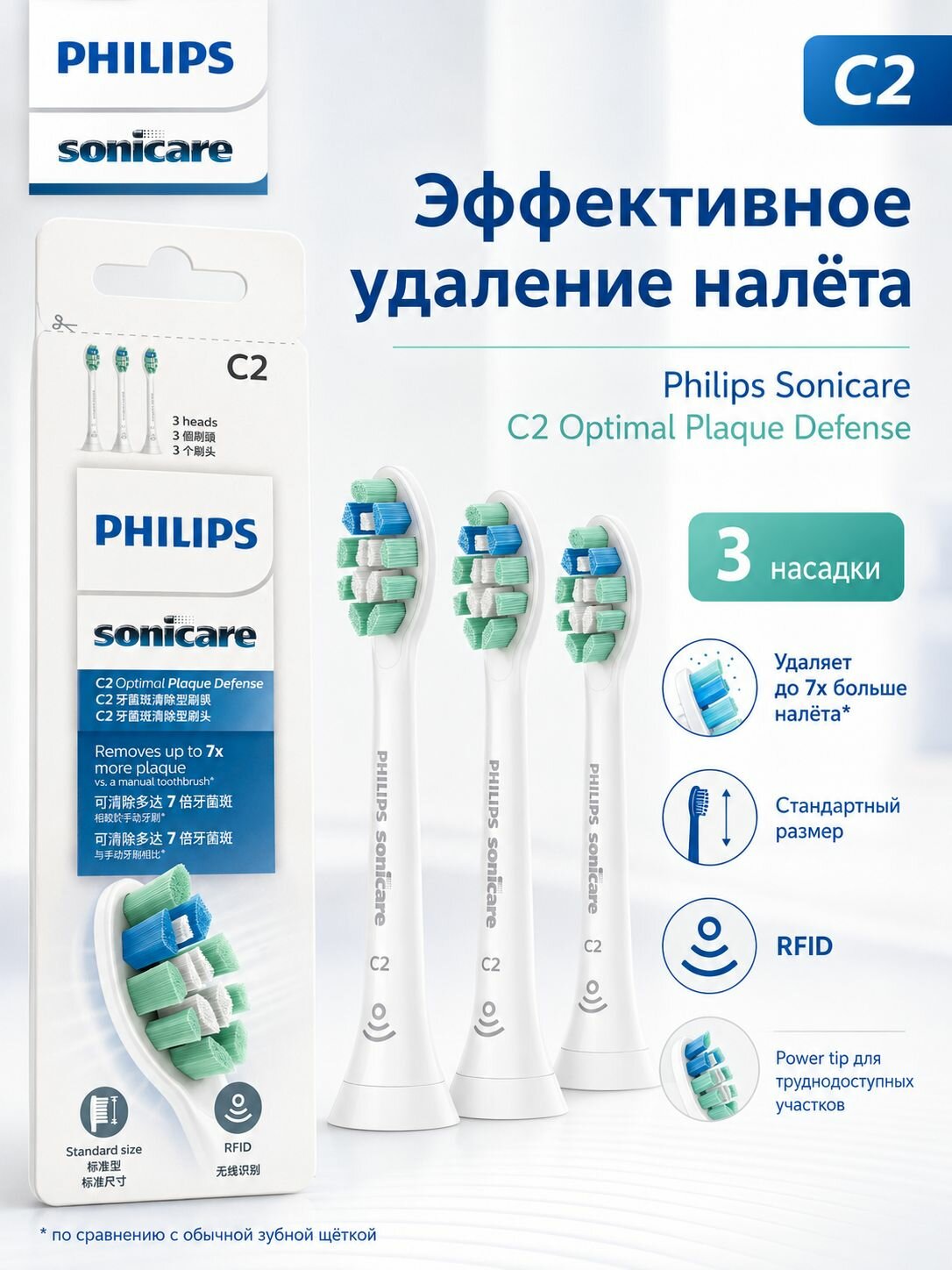 Сменные насадки для зубной щётки Philips Sonicare HX9023/67 C2, глубокое очищение, набор 3 шт