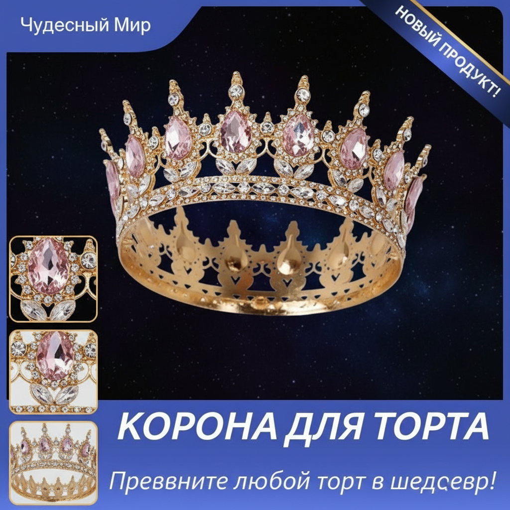 Корона топпер с розовым камнем, золотая, биопластик, 200г, для выпечки и тортов