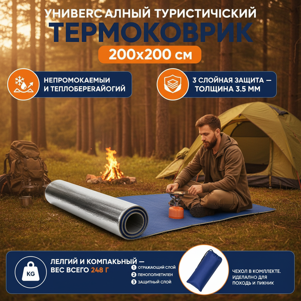 Туристический коврик, двухсторонний фольгированный-термоковрик водонепроницаемый 200х200 см, для палатки/кемпинга и пикника на природе.
