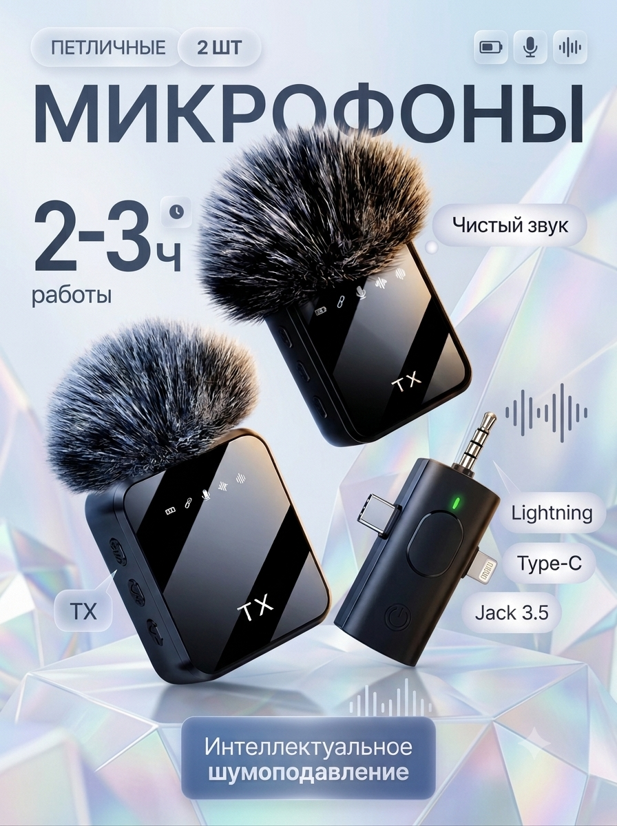 Петличный микрофон, беспроводной, с шумоподавлением 2 в 1, гиперкардиоидный, черный