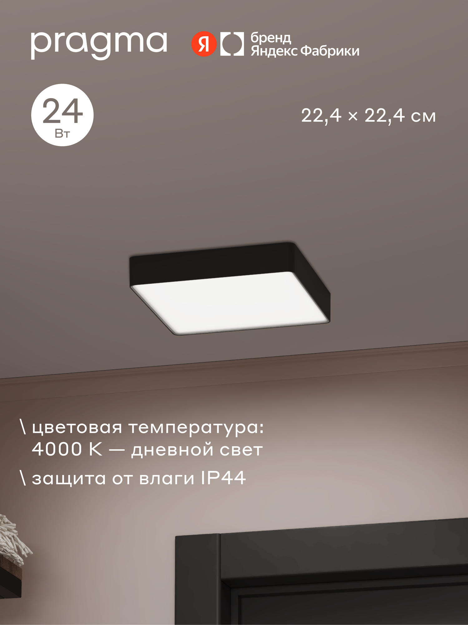 Pragma Tinsu Светильник потолочный светодиодный, 24 Вт, квадрат, 224 мм, IP44, чёрный, нейтральный свет, 4000K