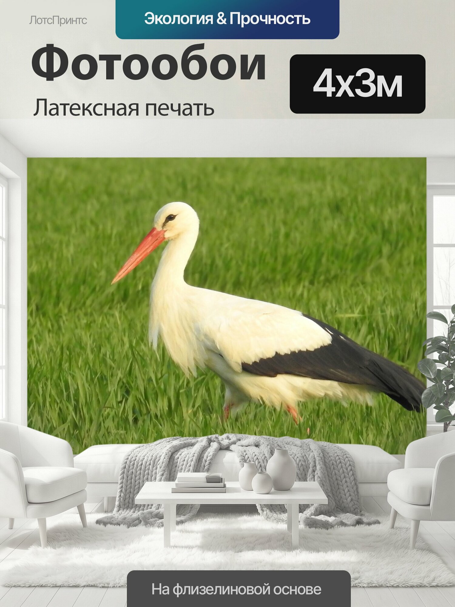 Фотообои моющиеся ударопрочные "Аист, луг, собирательство" 400x300 см. латексная печать