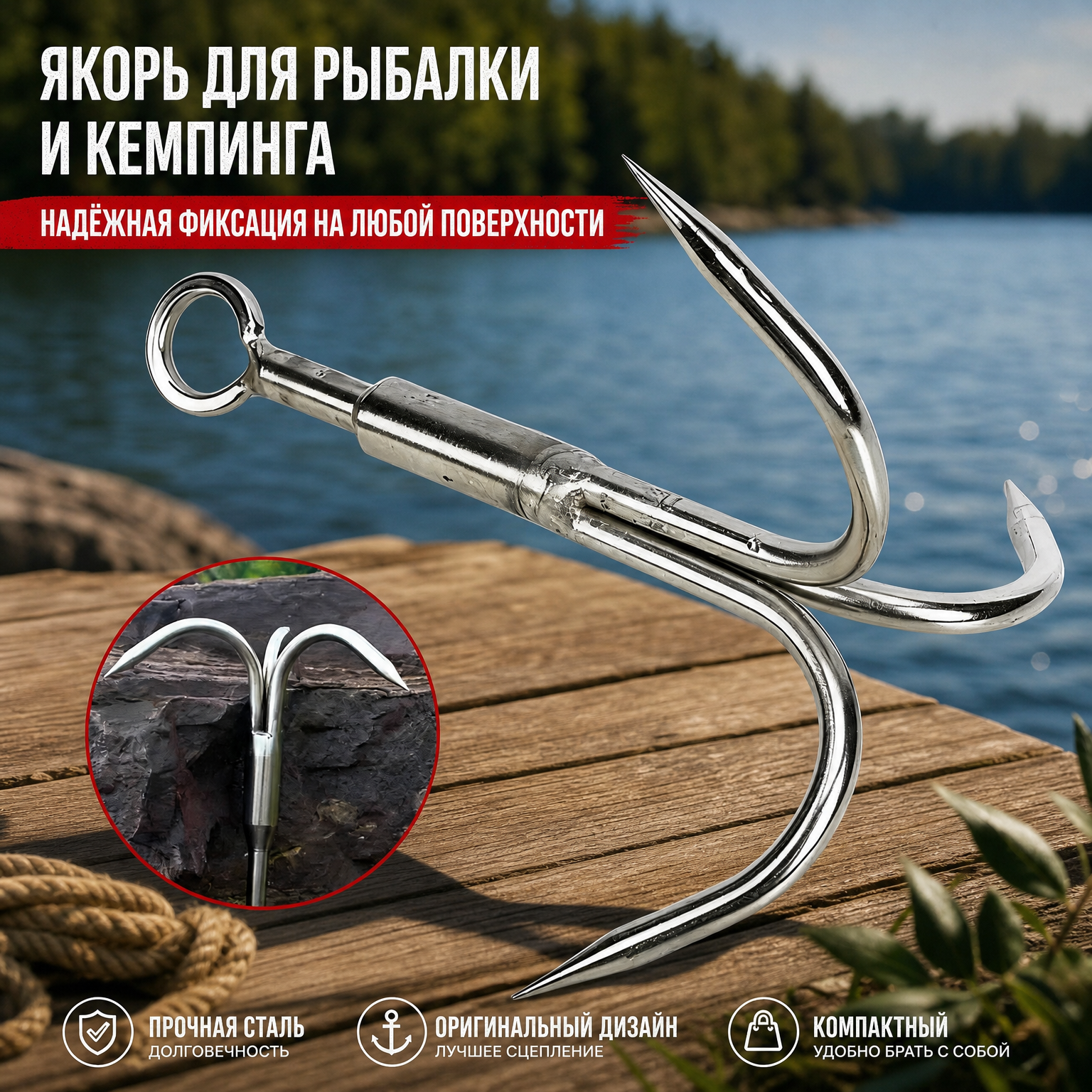 Якорь-кошка трехлапый из нержавеющей стали, надёжная фиксация для кемпинга, рыбалки и подводной охоты, прочный и компактный (Длина: 120 мм)