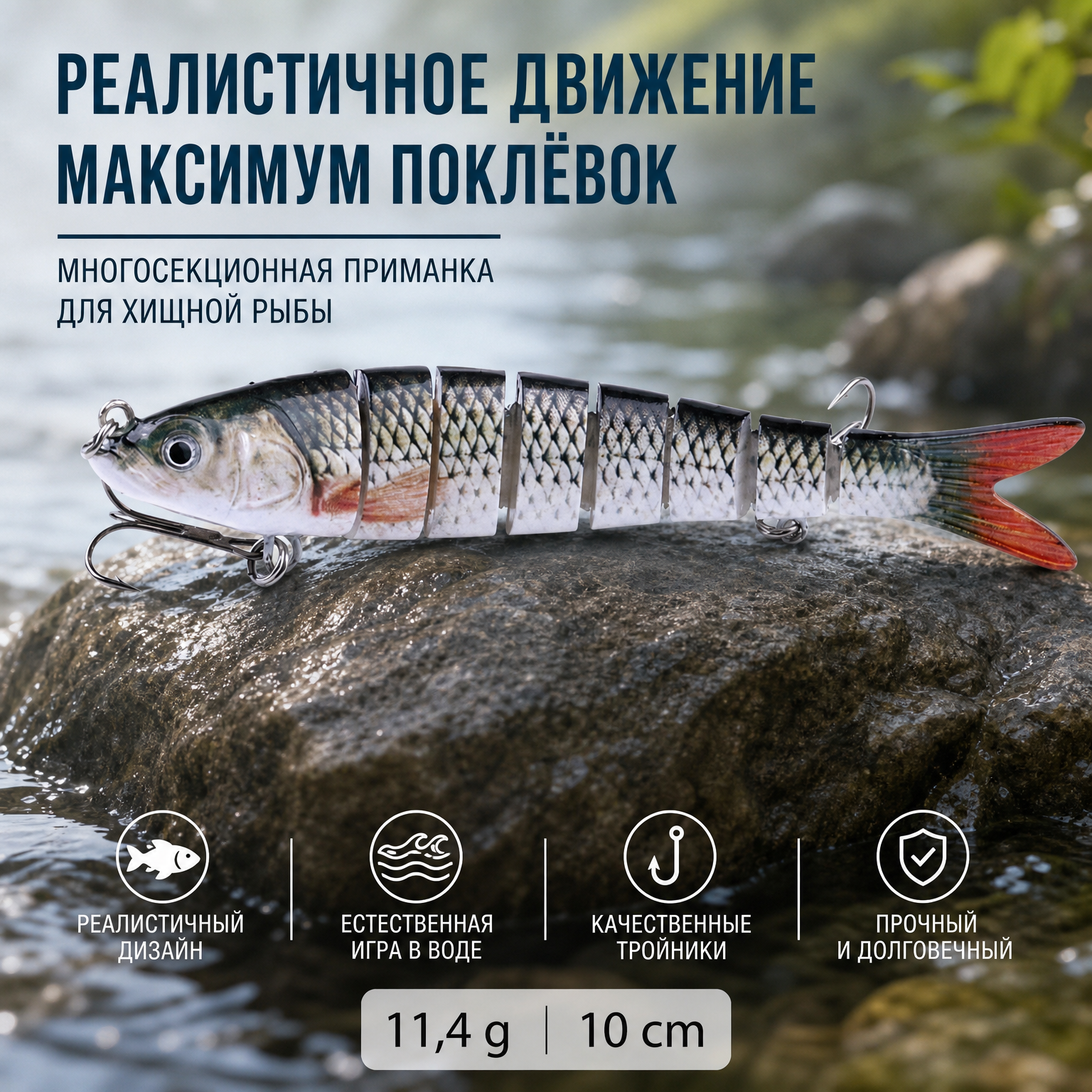 Воблер рыболовный на хищника тонущий 11,4гр / 10см / 8 сегментов / Искусственная приманка / Снасть / на окуня / на щуку / на язя (Цвет товара: серый с красным хвостом; Длина: 100 мм)