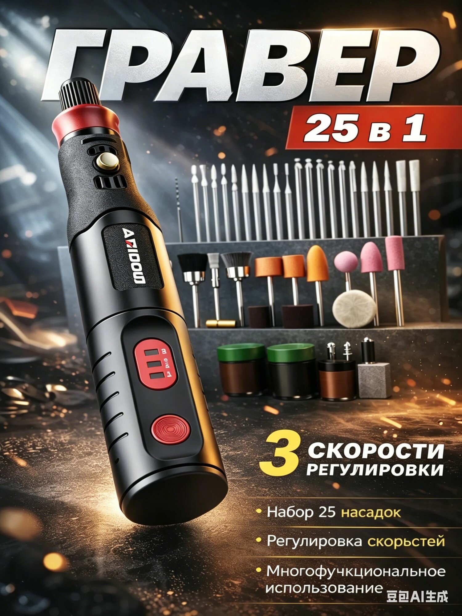 Гравер электрический мини дрель с насадками, аккумуляторный 3 скорости 5000-19500 об/мин для ювелирных и деревянных изделий