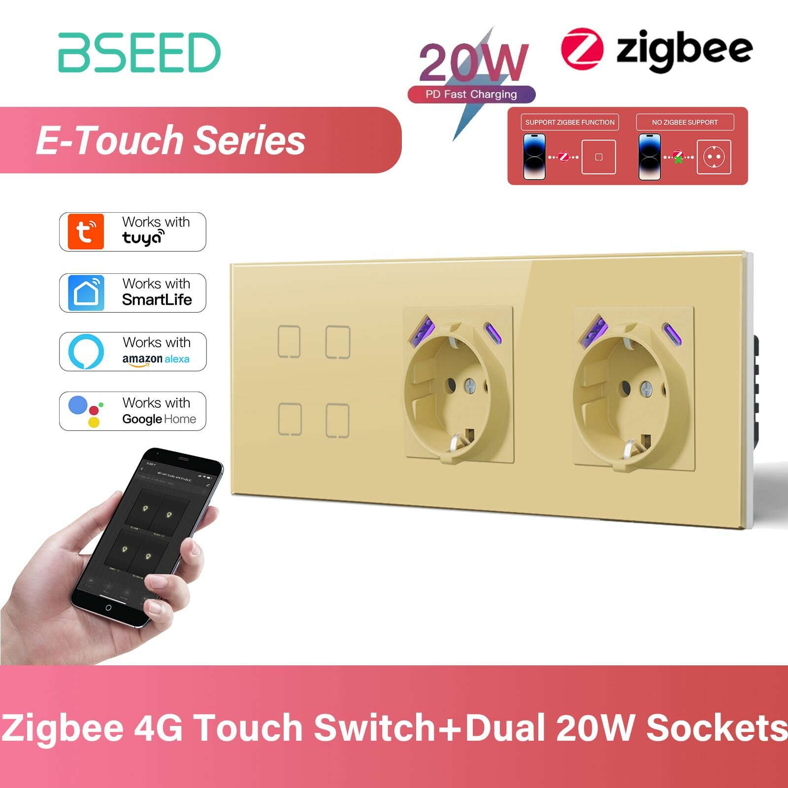 Умный сенсорный выключатель с розеткой с USB и TYPE-C, 4 клавиши 2 розетка, ZIGBEE, Smart Life с Алисой