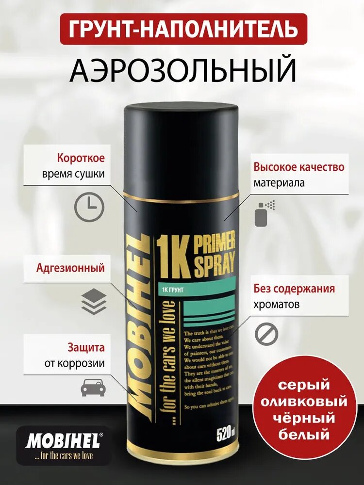 Аэрозоль грунт 1К чёрный Mobihel/Мобихел баллончик (спрей) универсальный, быстросохнущий 520 мл