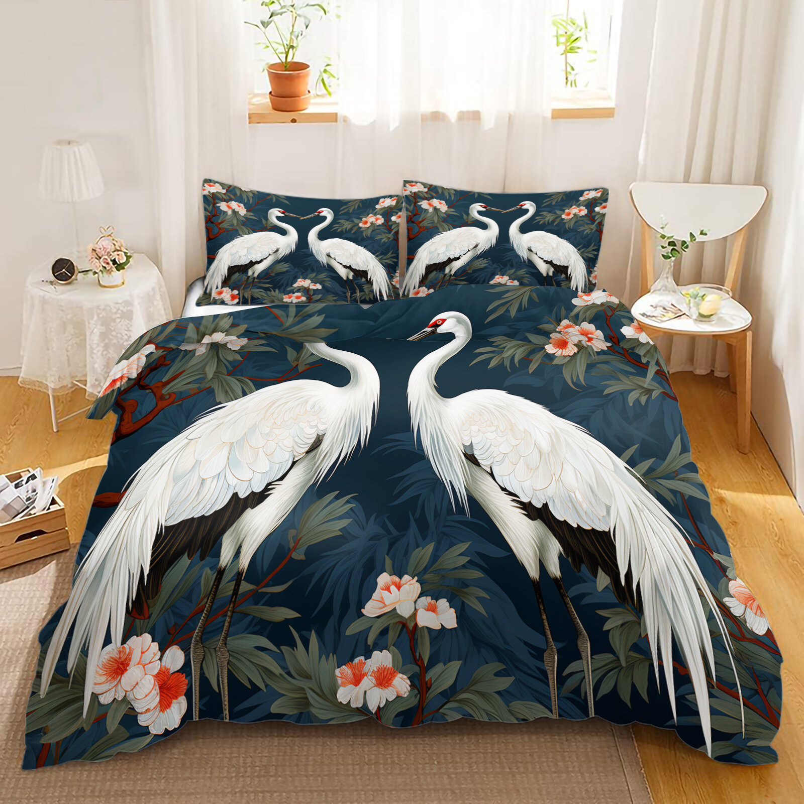Птицы Комплект постельного белья 1.5/2-сп/Евро 3 предмета 175x215cm Белый Журавль Mикрофибра 2 наволочки 70х70