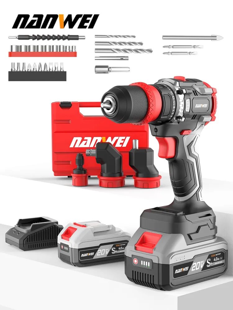 NANWEI D5219P Бесщеточный 50 Нм Многофункциональная отвертка 4 в 1 на 20 В с несколькими насадками(Аккумуляторы 4,0 Ач x2)