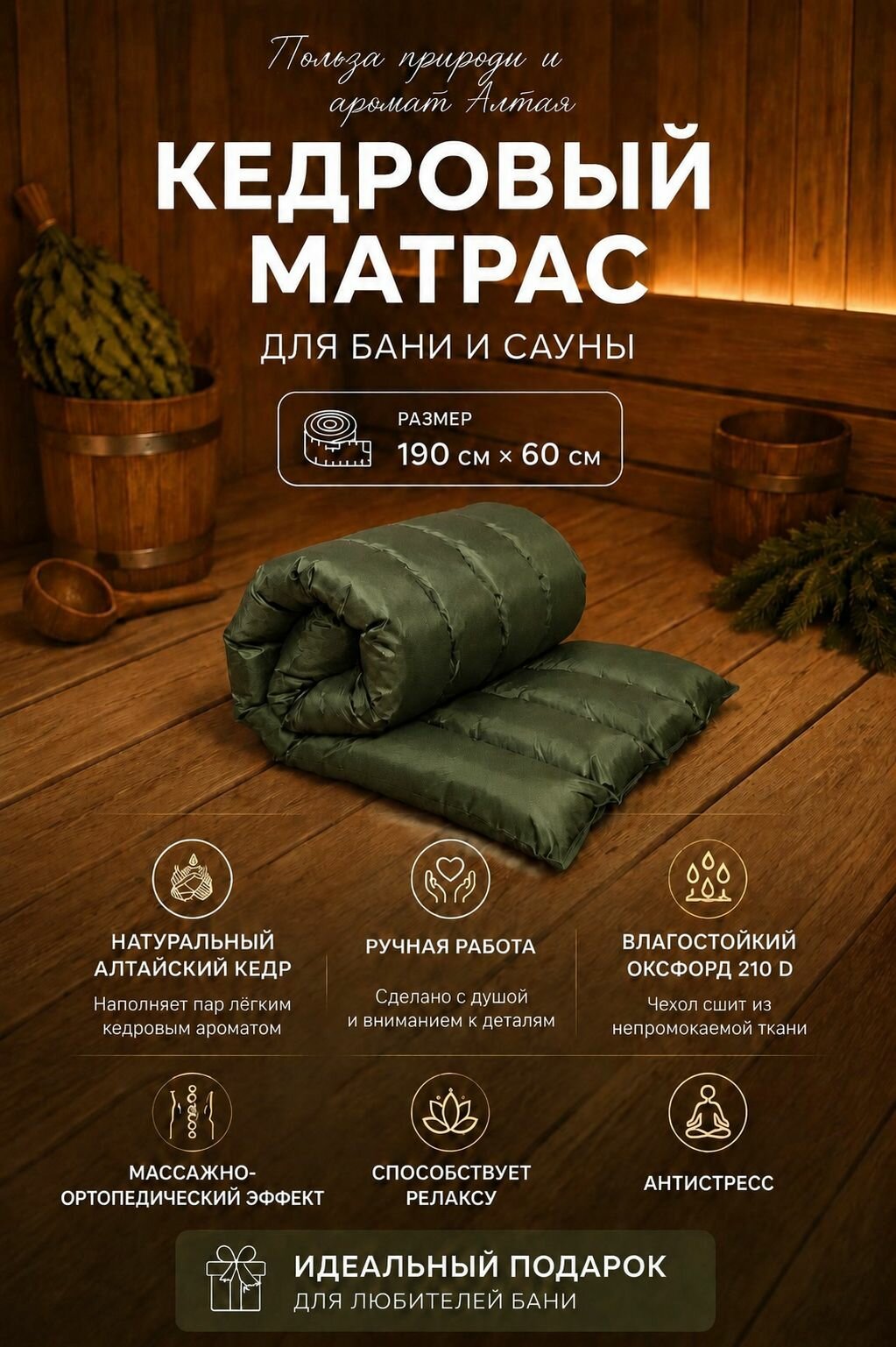 Кедровый матрас 190см/60см для бани и сауны с непромокаемой ткани оксфорд. Натуральная 100% Алтайская кедровая стружка
