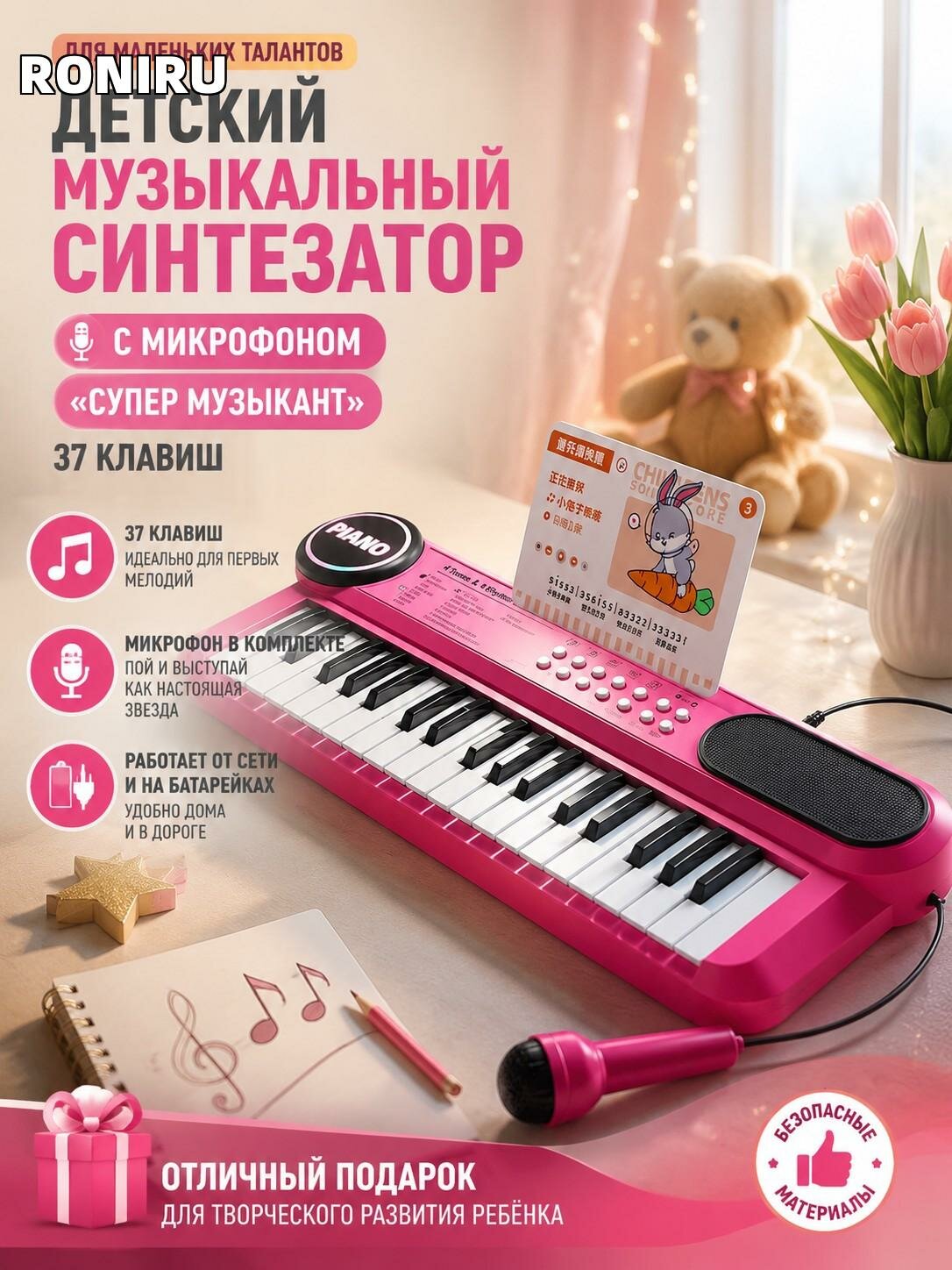 Детский музыкальный синтезатор с микрофоном «Супер музыкант», 37 клавиш, розово-красный, от сети и на батарейках