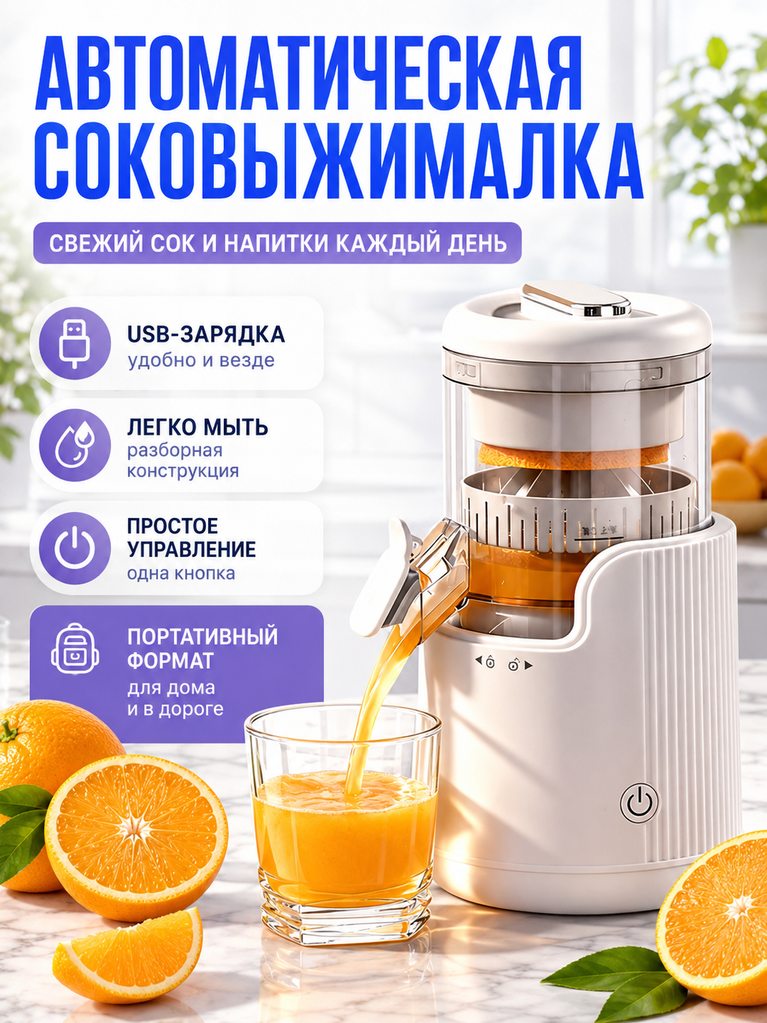 Портативный блендер электрический, объем 1 л, 54‑лопастной нож, защита IPX, для смузи и фруктовых коктейлей на каждый день